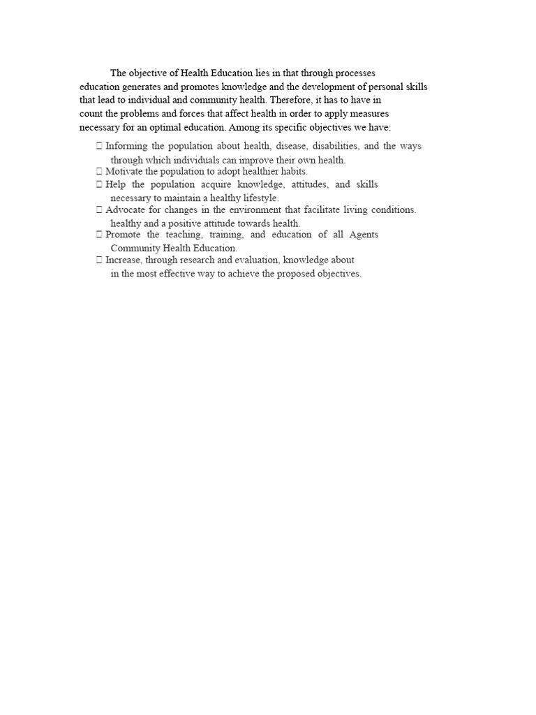 Objectives of Health Education | PDF