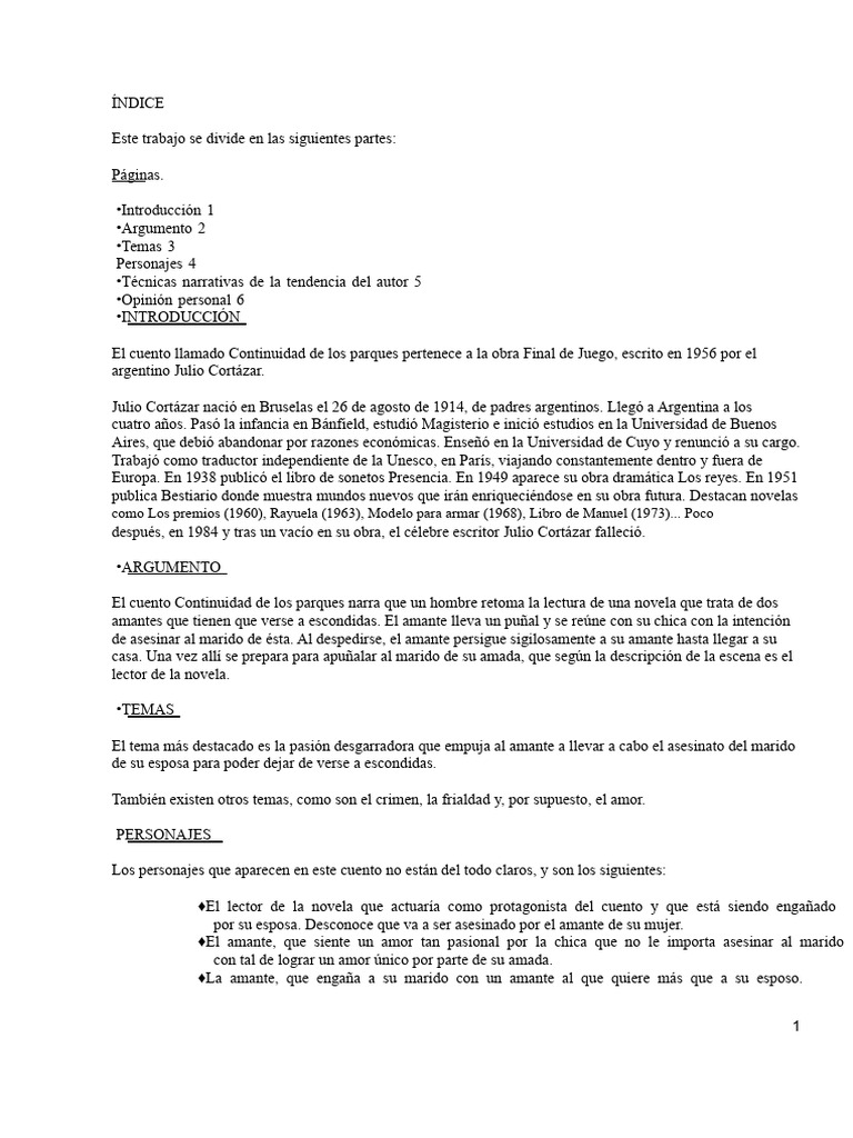 Continuidad de Los Parques Julio Cortázar - Literatura Del Siglo XX ...