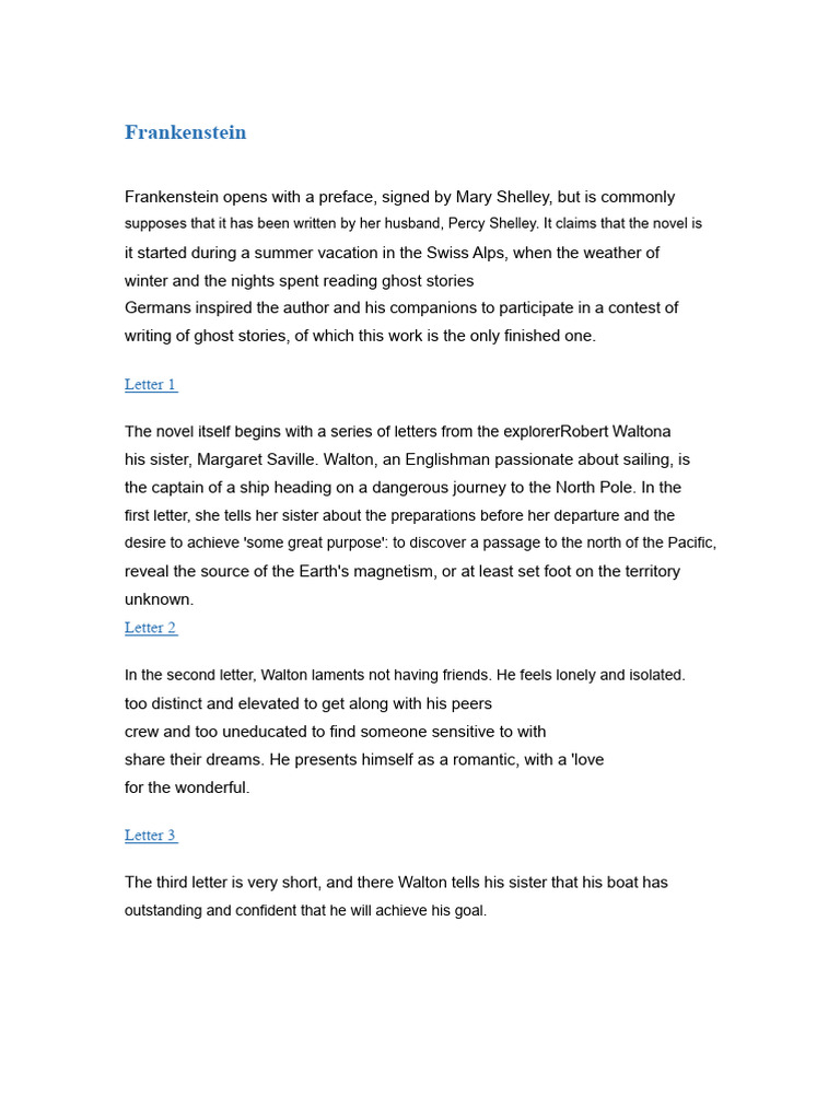 Summary of Frankenstein Letter 1 | PDF | Frankenstein | Mary Shelley