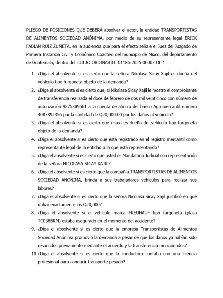 Pliego de Posiciones Que Deberá Absolver El Actor | PDF