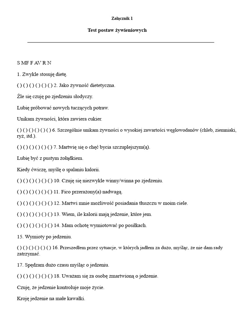 Test Zaburzeń Odżywiania - Bulimia I Anoreksja | PDF