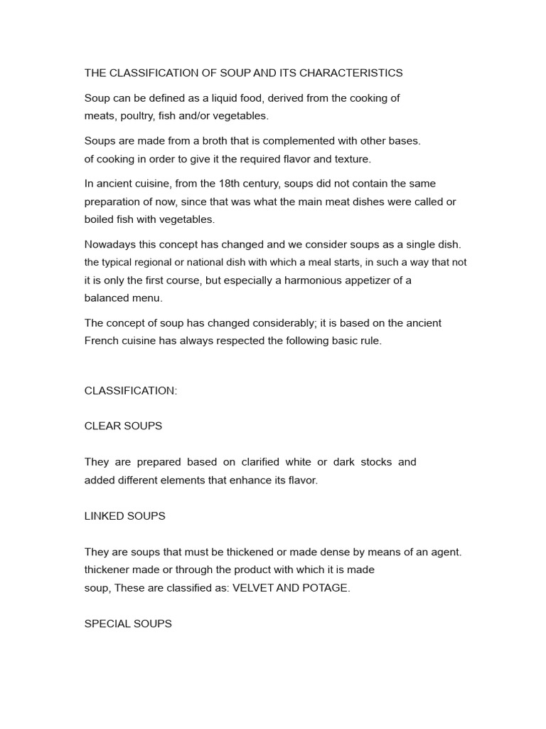 The Classification of Soup and Its Characteristics | PDF | Soup | Foods