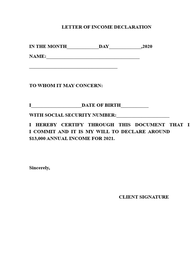 Income Declaration Letter 2021 | PDF