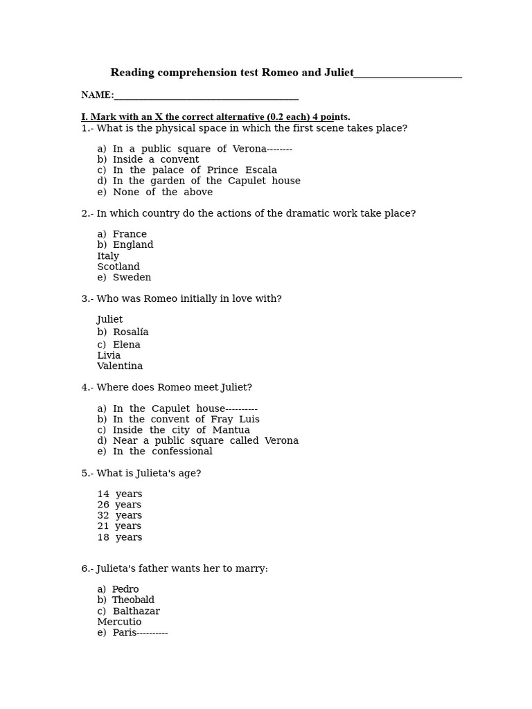 Reading Comprehension Test Romeo and Juliet High School | PDF ...