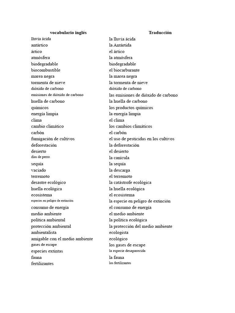 Vocabulario Esencial sobre Medio Ambiente | PDF | Entorno natural ...
