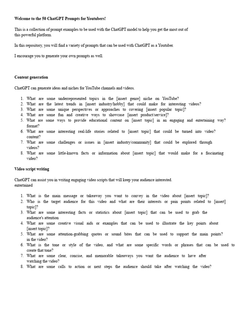 50 ChatGPT Prompts for YouTubers | PDF | You Tube