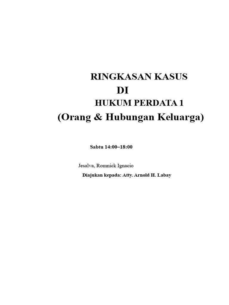 Ringkasan Kasus Dalam Hukum Perdata 1 (Orang & Hubungan Keluarga) | PDF
