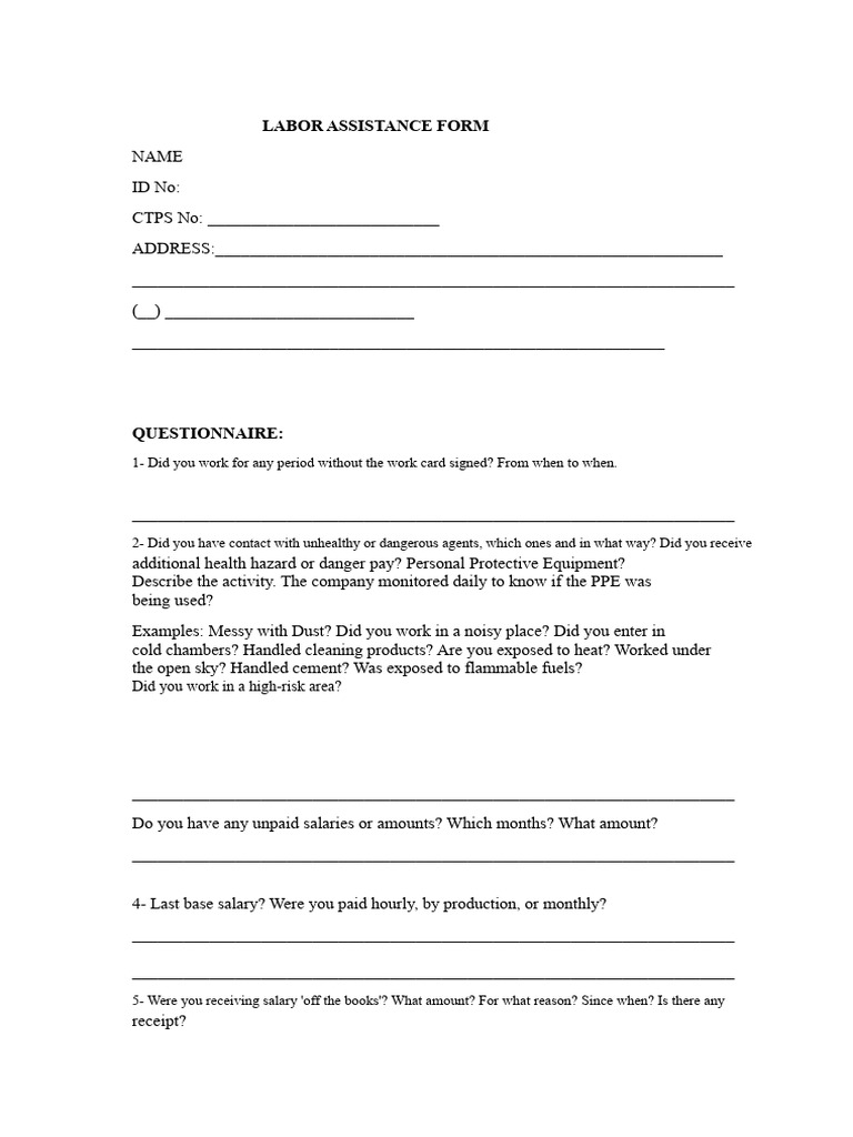 Labor Assistance Questionnaire Form | PDF | Overtime | Working Time