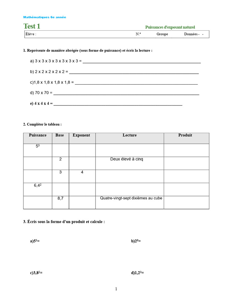 Test sur les puissances en mathématiques 6e | PDF | Échecs | Théorie ...