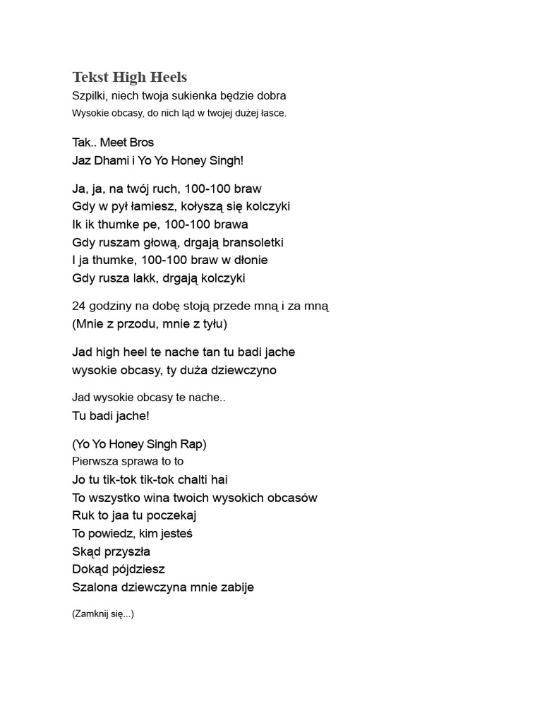 Tekst Piosenki "High Heels" | PDF
