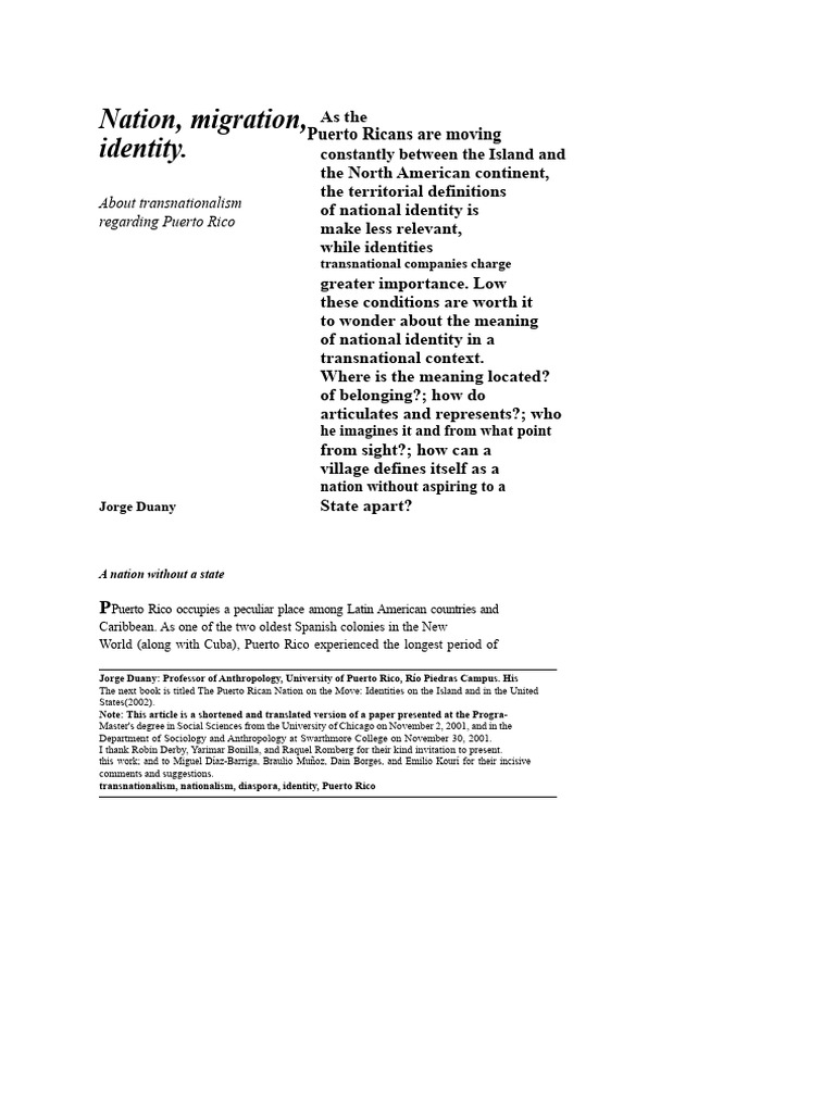 Nation, Migration, Identity - Jorge Duany | PDF | Puerto Rico | Puerto ...