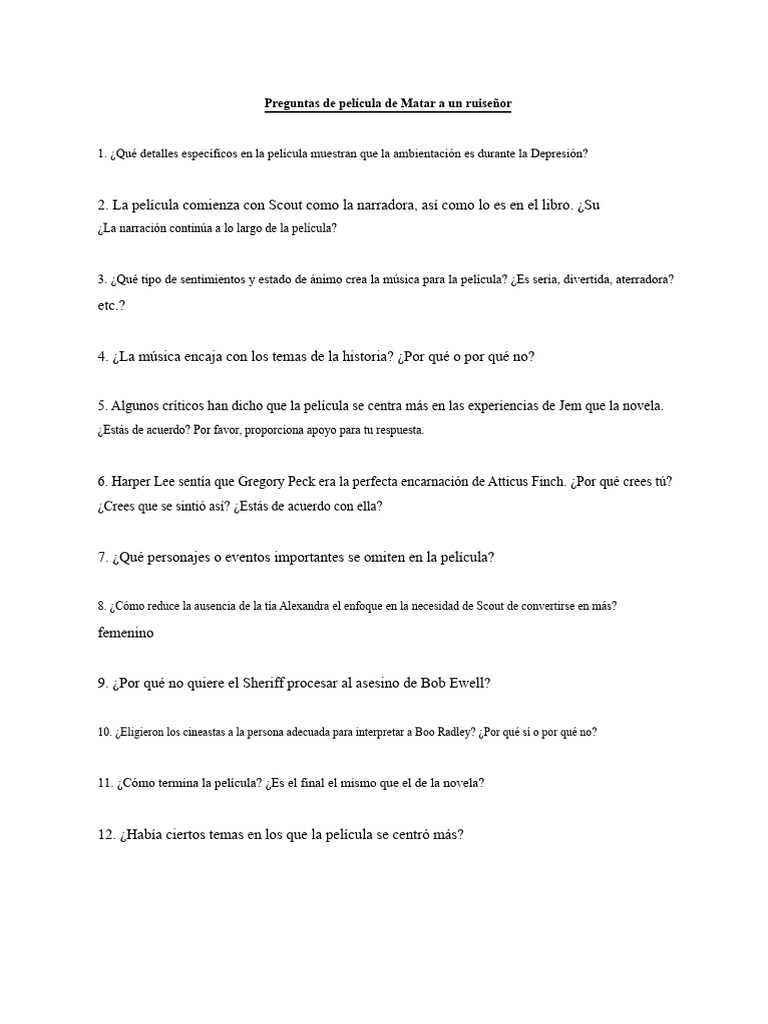 Preguntas Sobre La Película Matar A Un Ruiseñor | PDF