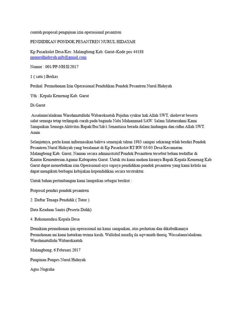 Contoh Proposal Pengajuan Izin Operasional Pesantren | PDF