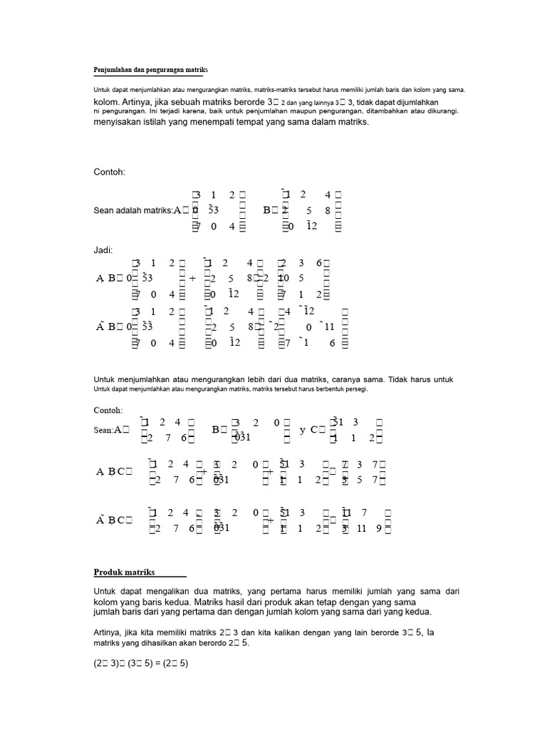 Penjumlahan Dan Pengurangan Matriks | PDF