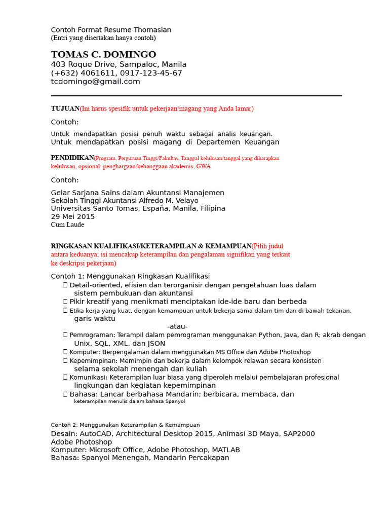 Contoh Resume Profesional Thomasian | PDF