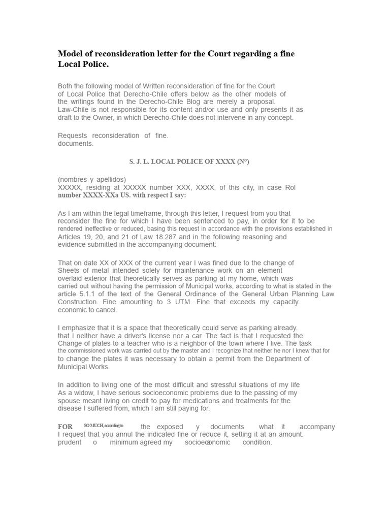 Model of Written Request For Reconsideration of Fine For The Local ...