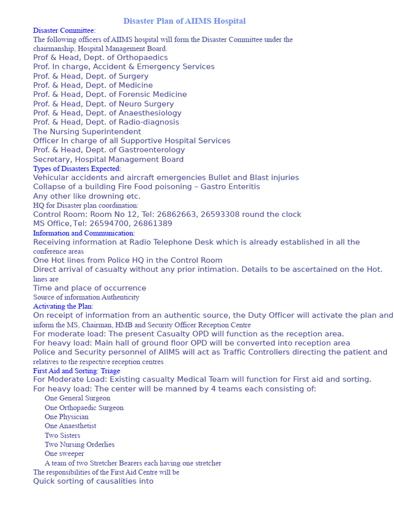 AIIMS Hospital Disaster Management Plan | PDF | Emergency Department ...