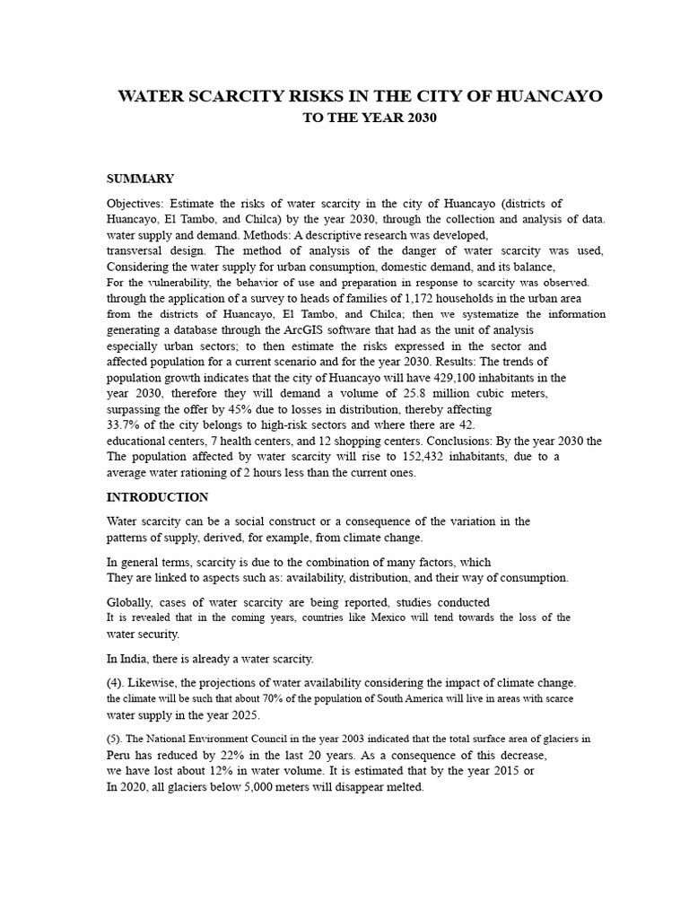 Water Scarcity Risks in The City of Huancayo by The Year 2030 | PDF ...