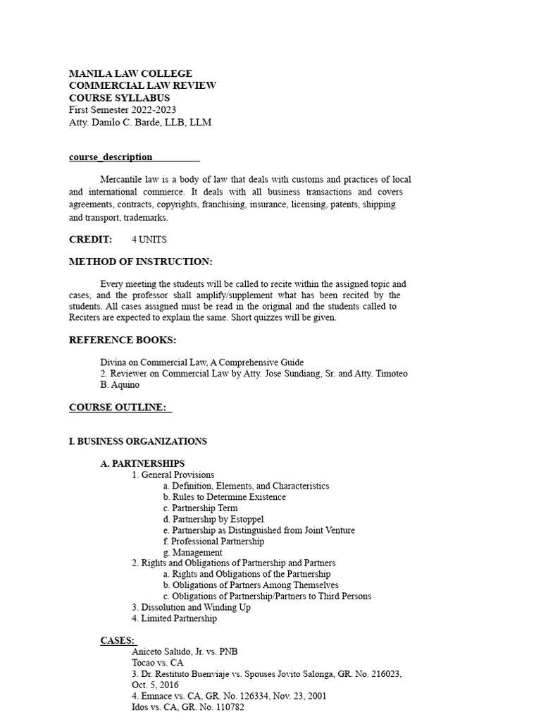 MLC COMMERCIAL LAW REVIEW SYLLABUS First SEM 2022-2023 A | PDF ...