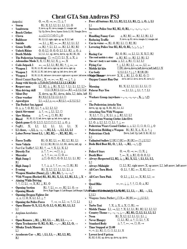 GTA San Andreas PS3 Cheat Codes | PDF