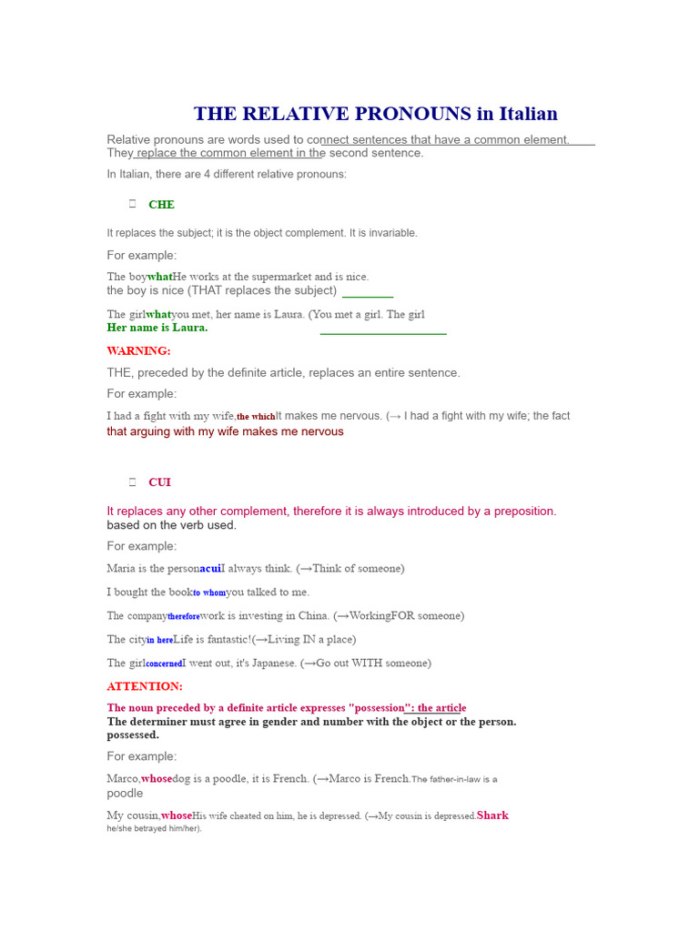 Italian Relative Pronouns Explained | PDF | Pronoun | Subject (Grammar)