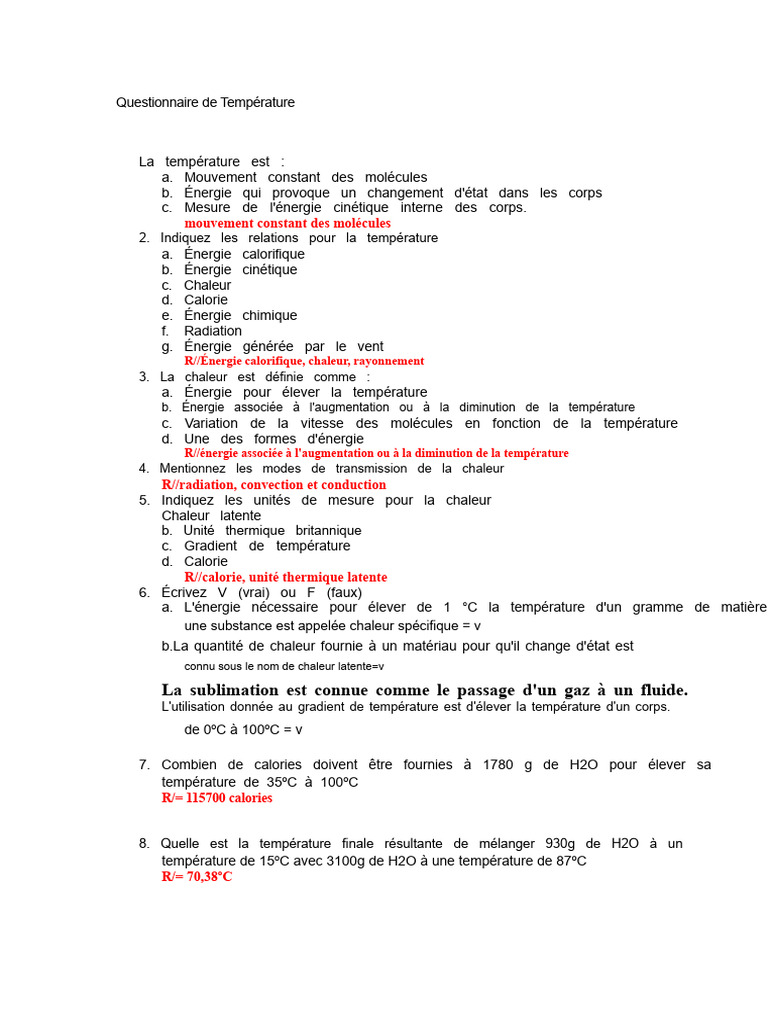 Questionnaire sur la Température et la Chaleur | PDF | Température ...