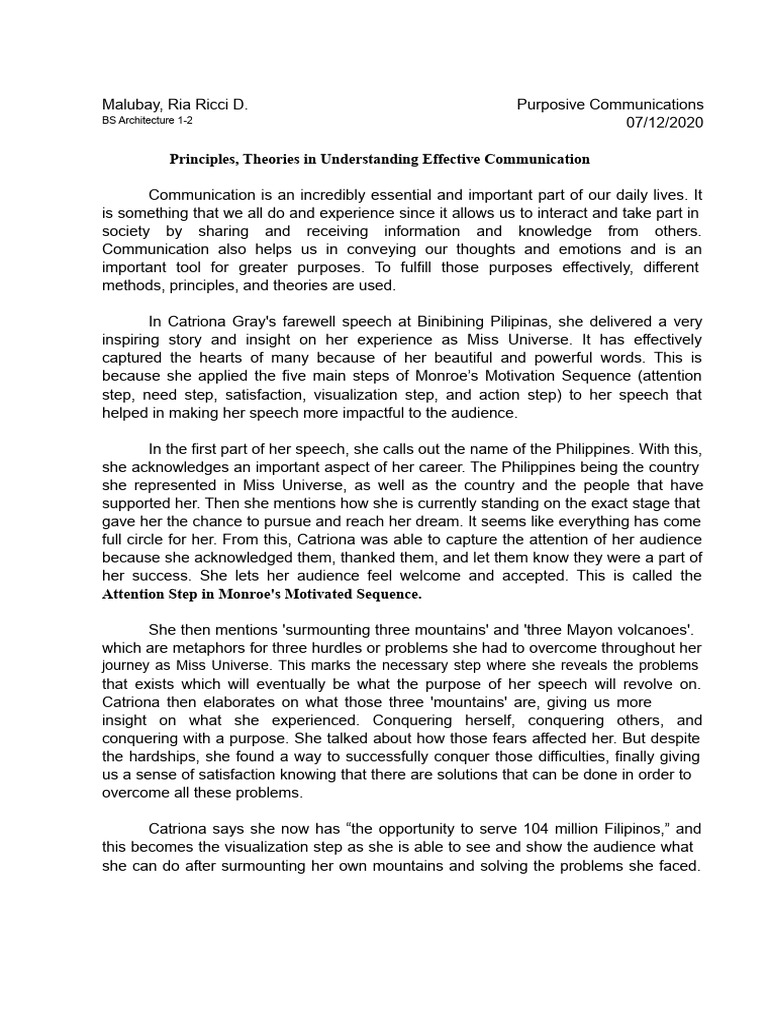 An Analysis of Catriona Gray's Farewell Speech Using Monroe's Motivation Sequence. | PDF ...