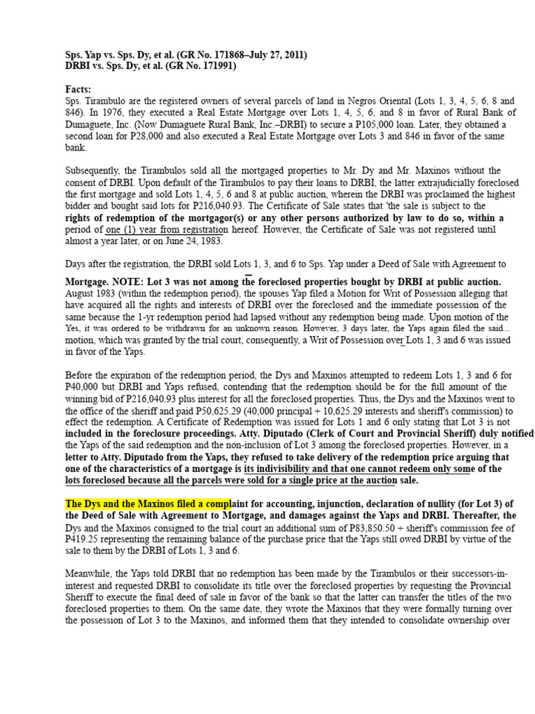 Sps Yap vs. Dy, Et Al - Digest | PDF | Foreclosure | Mortgage Law