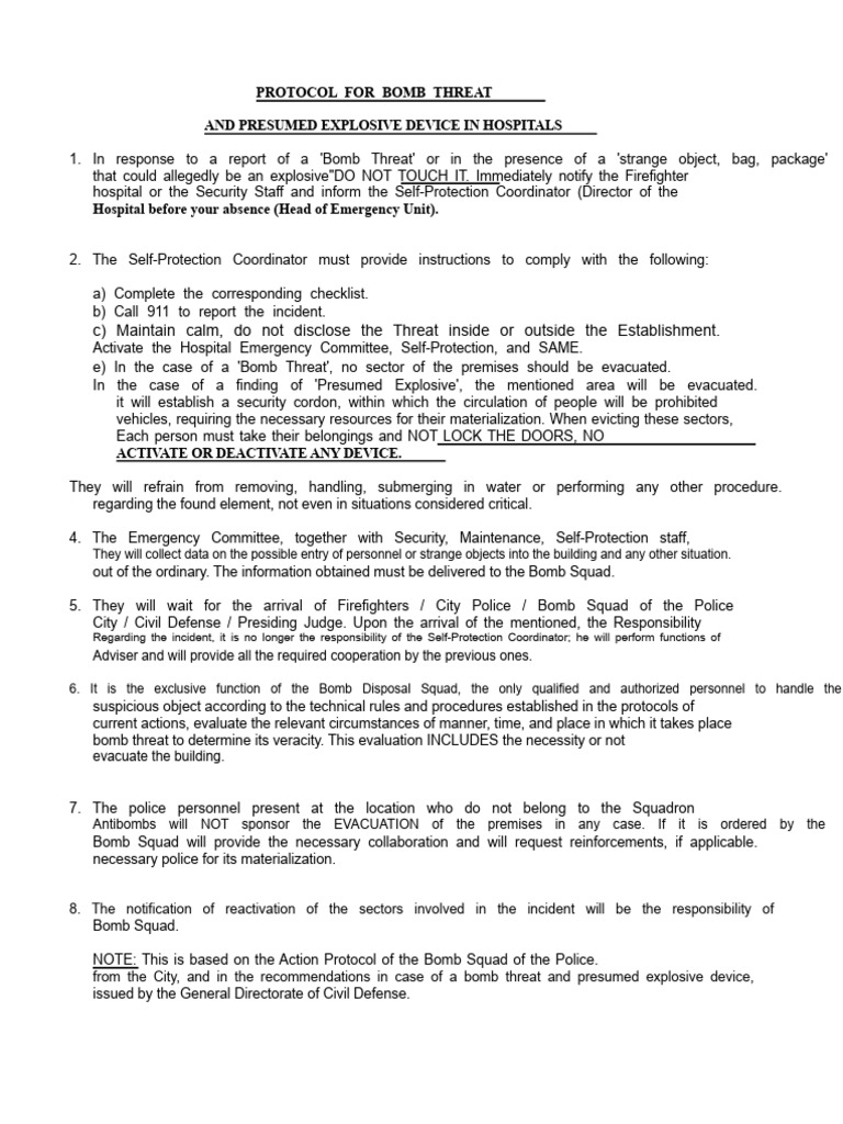 Bomb Threat Protocol for Hospitals | PDF | Bomb Disposal | Public Safety