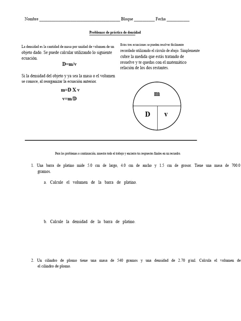 Problemas de Práctica de Densidad | PDF | Densidad | Volumen