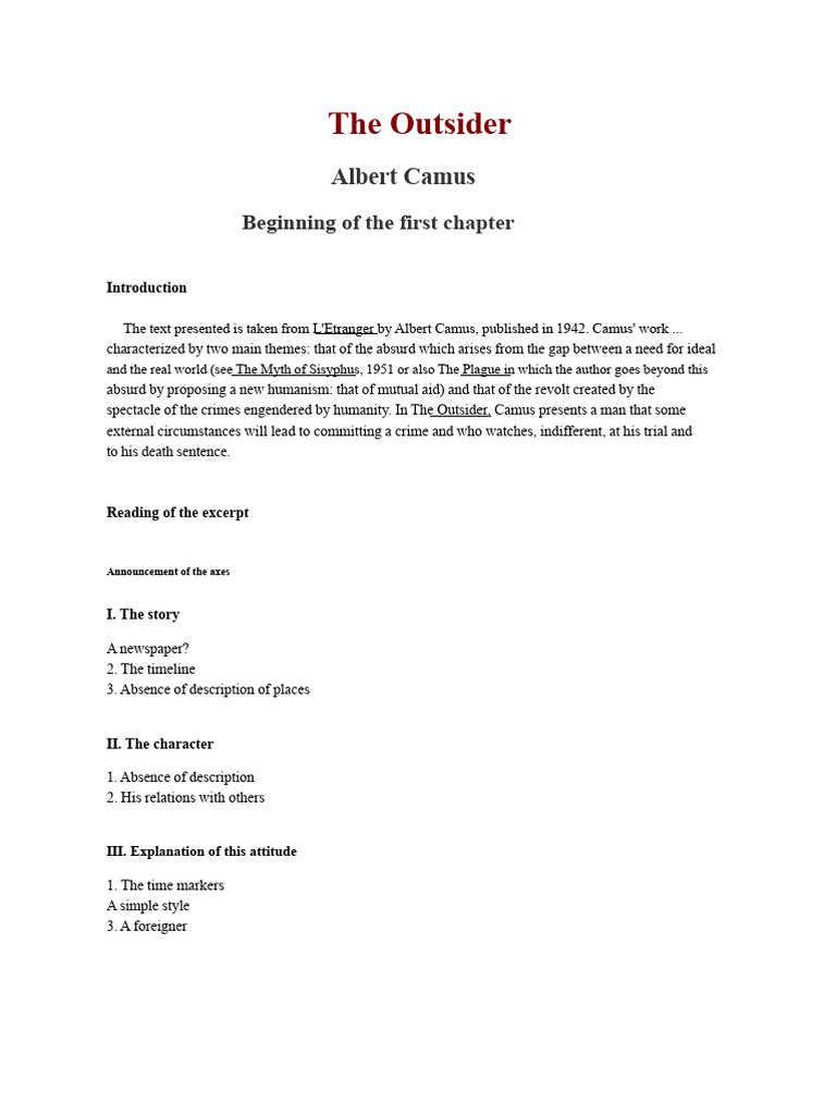 Analysis of Camus' The Outsider | PDF | Albert Camus