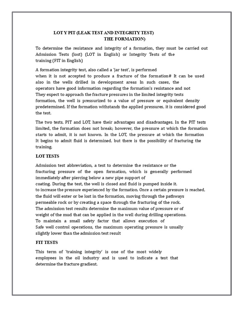 Lot and Pit (Leak Testing and Formation Integrity Testing) | PDF