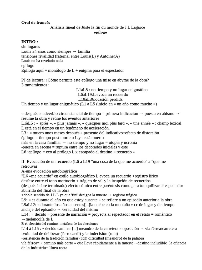 Ficha Oral Bac Francés Epílogo de Justo El Fin Del Mundo (J.L.LAGARCE) | PDF