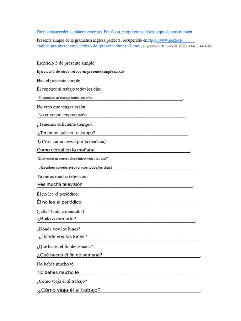 Ejercicio de Presente Simple | PDF
