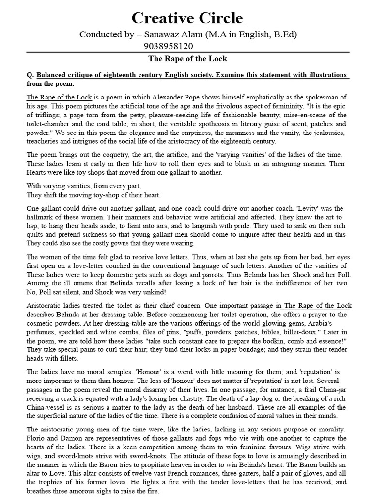 The Rape of The Lock - Notes | PDF
