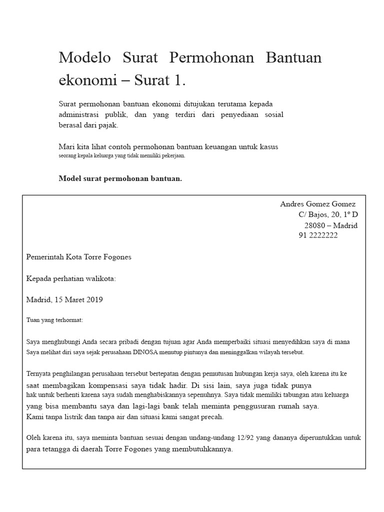 Contoh Surat Permohonan Bantuan Ekonomi | PDF