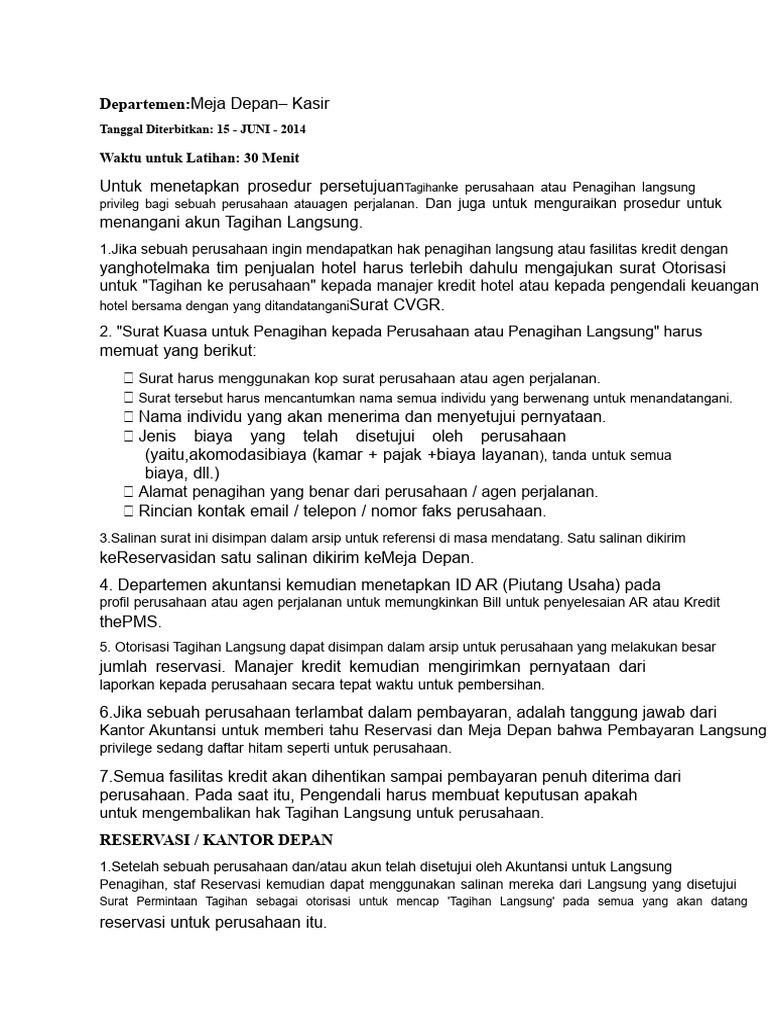 SOP - Front Office - Penagihan Ke Perusahaan Atau Penagihan Langsung | PDF