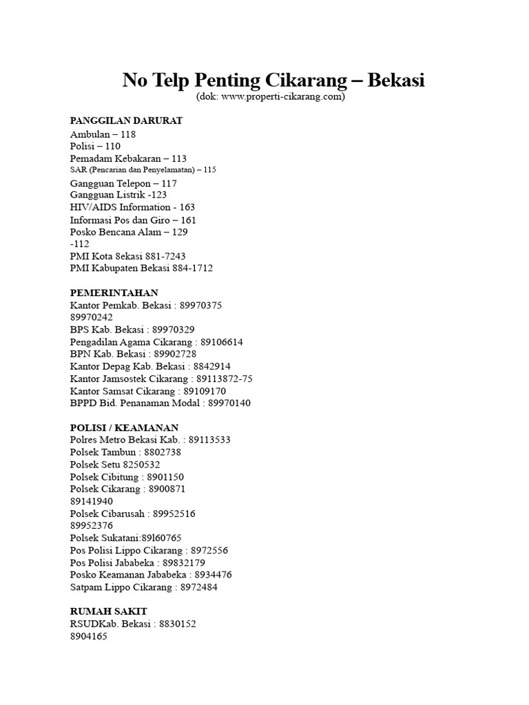 Nomor Telepon Penting Cikarang-Bekasi | PDF