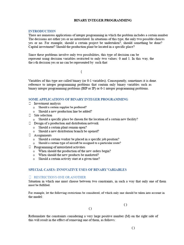 Binary Integer Programming | PDF | Linear Programming | Variable (Mathematics)