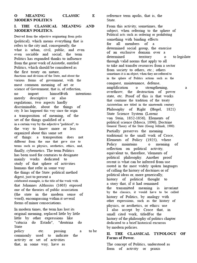 O Classic and Modern Meaning of Politics | PDF | Power (Social And ...