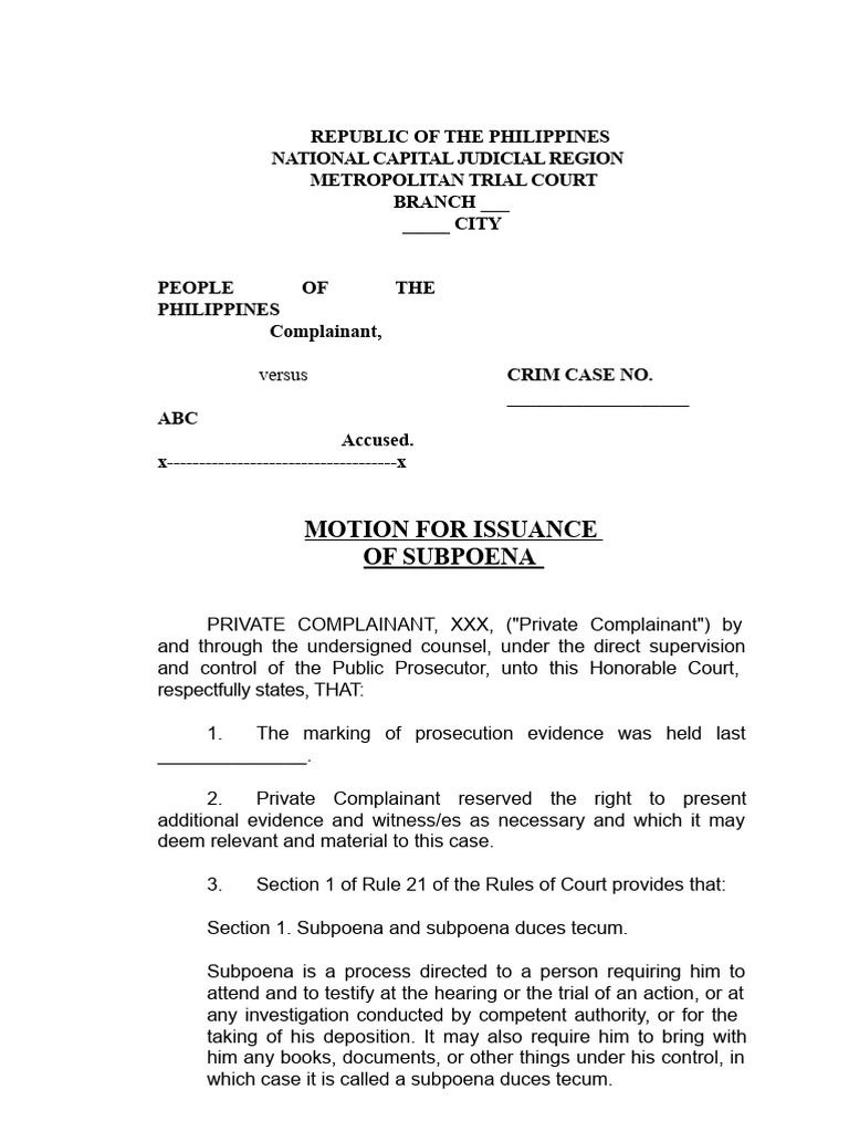 Motion For Issuance of Subpoena | PDF | Subpoena Duces Tecum | Public ...