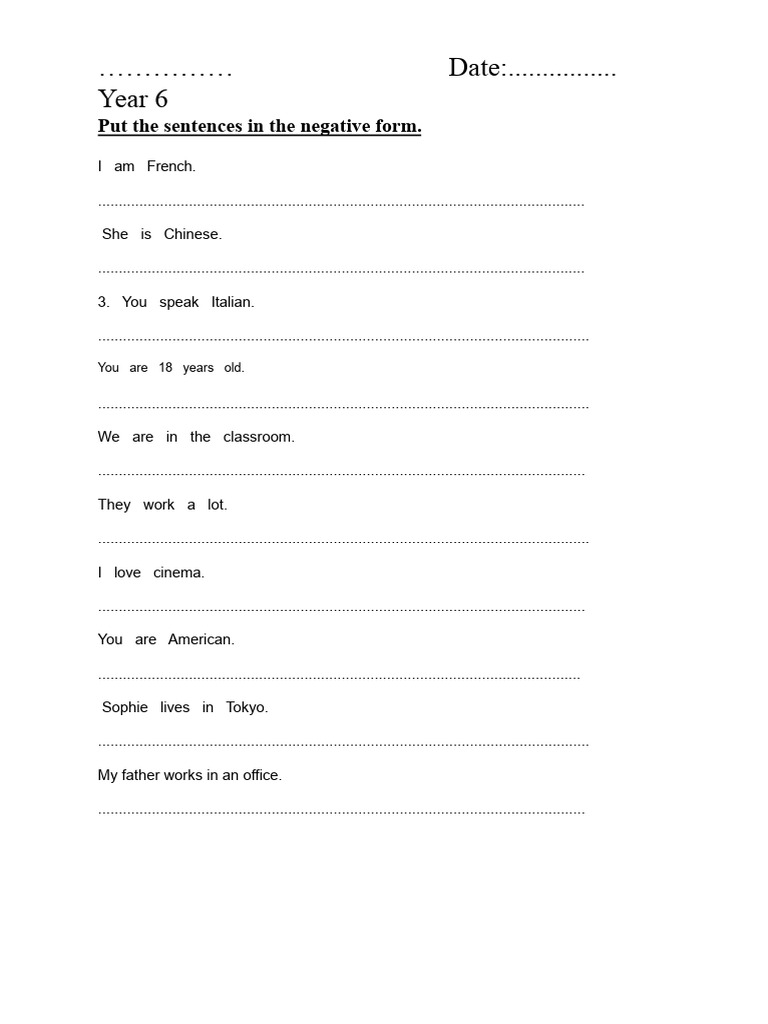 Year 6 English Negative Sentences Exercise | PDF