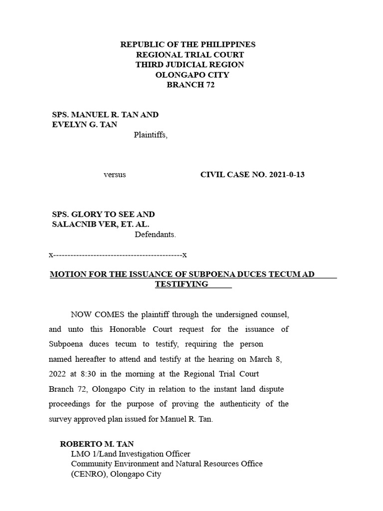 Motion To Issue Subpoena TAN | PDF | Subpoena Duces Tecum | Subpoena