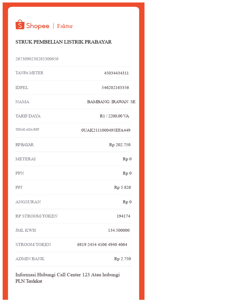 Faktur Pembelian Listrik Prabayar | PDF