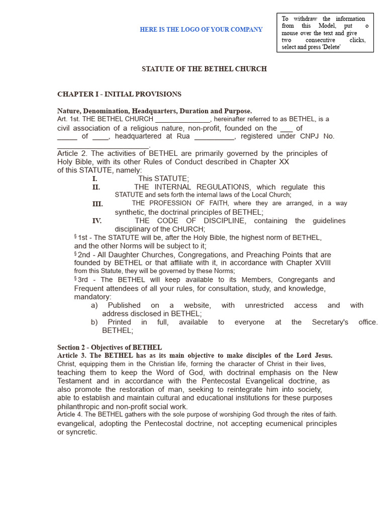 Model of Statute of Pentecostal Evangelical Church - Complete With 35 ...