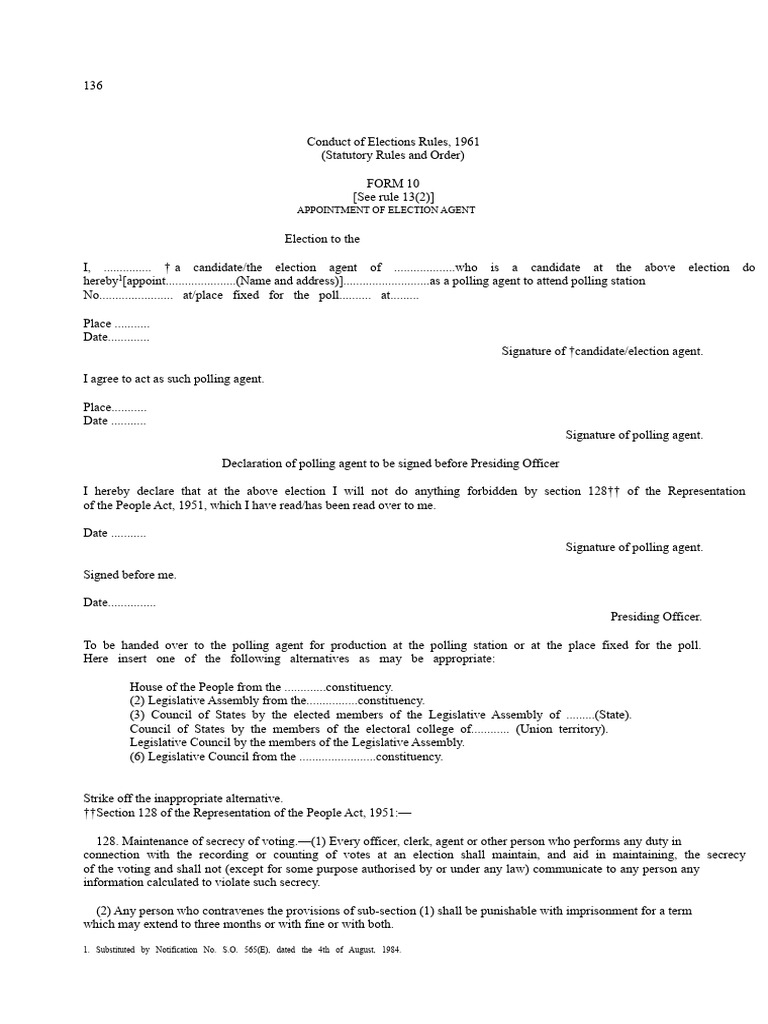 Form-10-Appointment of Election Agent | PDF | Government | Elections