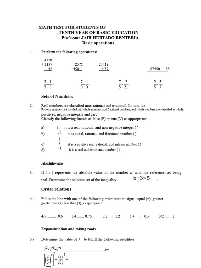 Tenth Grade Math Test Questions | PDF | Numbers | Rational Number