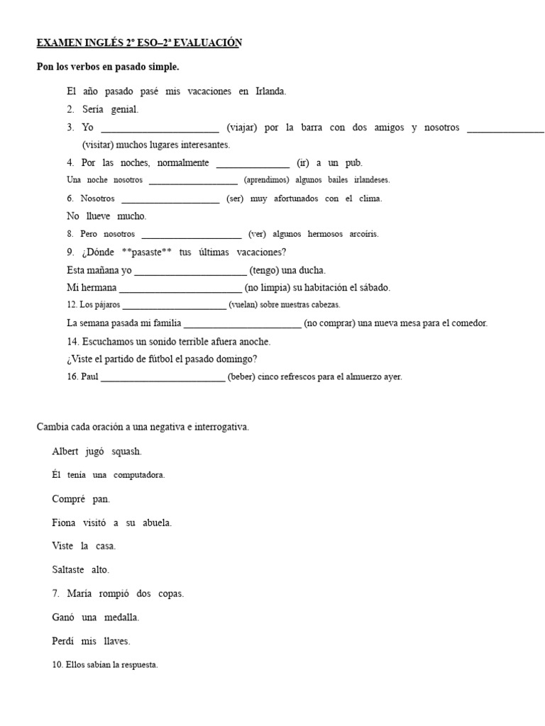 Ejercicio de Pasado Simple en Inglés | PDF