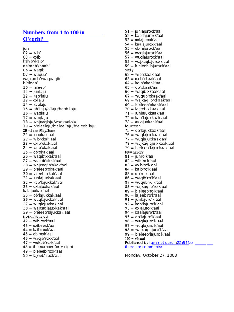 Q'eqchi' Numbers 1-100 Guide | PDF | Maya Peoples | Linguistics