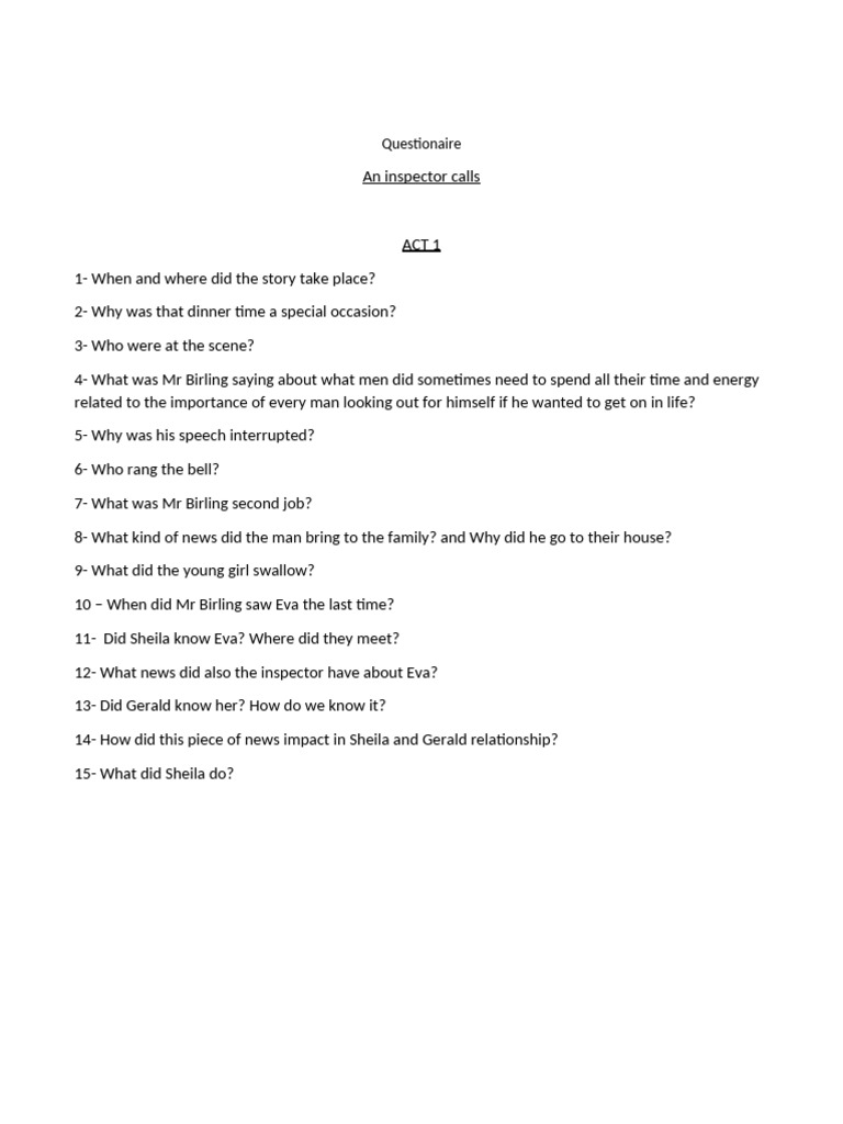Reading Comprehension: An Inspector Calls Questionaire. | PDF